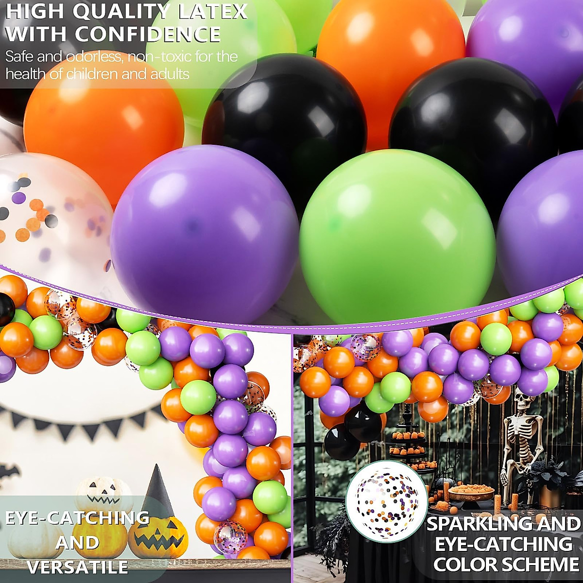OuMuaMua 62PCS Halloween Party Balloons Decorations, 12 Inch Black Orange Green Purple Balloons Confetti Balloons for Kids Halloween Party Decorations Birthday Baby Shower Bachelorette Favors Supplies