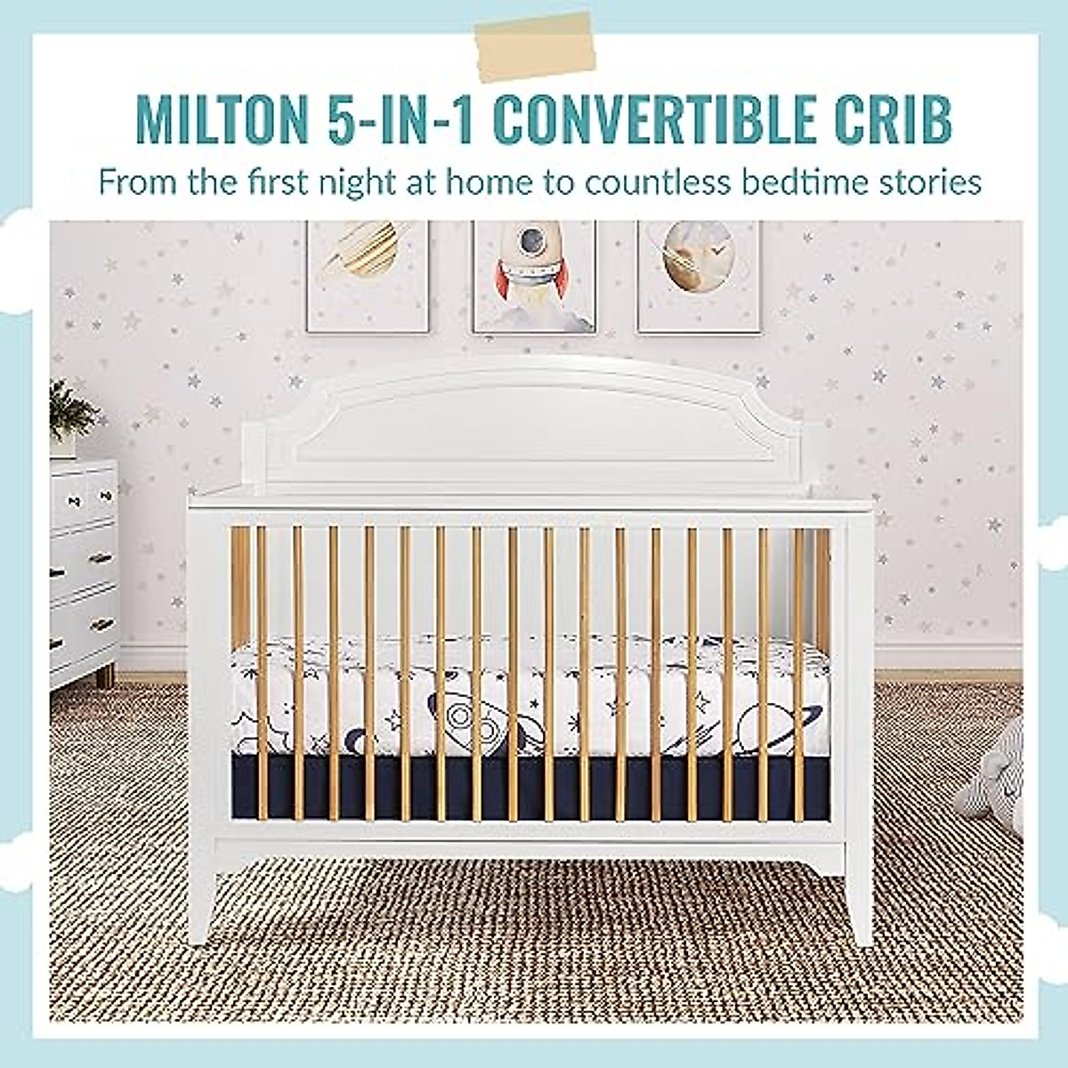 Dream On Me JPMA & Greenguard Gold Certified Milton 5-in-1 Convertible Crib Made with Sustainable New Zealand Pinewood in White and Natural, Non-Toxic Finish