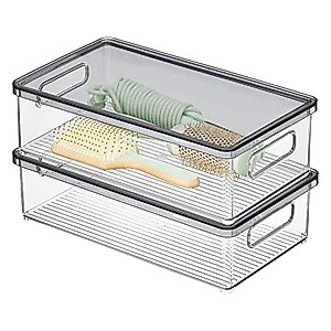 mDesign Plastic Stackable Bathroom Cabinet Storage Bin with Handles/Lid - Bin for Vanity, Countertop, Drawer Organization - Hold Soap, Towels, Accessories, Ligne Collection, 2 Pack, Clear/Smoke Gray