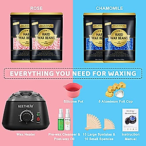 Keethem Waxing Kit - Wax Warmer for Hair Removal, 4 Packs Hard Wax Beads(14.1oz total), at Home Waxing Kit for Women Sensitive Skin - Ideal for Brazilian, Facial Hair, Bikini, Legs, Armpit, Eyebrow