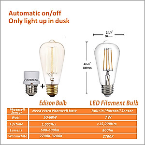 Dusk to Dawn LED Lights Bulb,Photocell Sensor Bulb, Auto Turn On/Off, ST58 ST19 60W Edison Replacement, E26 8W 800lm,Warm White 2700K for outdoor wall light fixture Garden Garage Porch Pack of 2