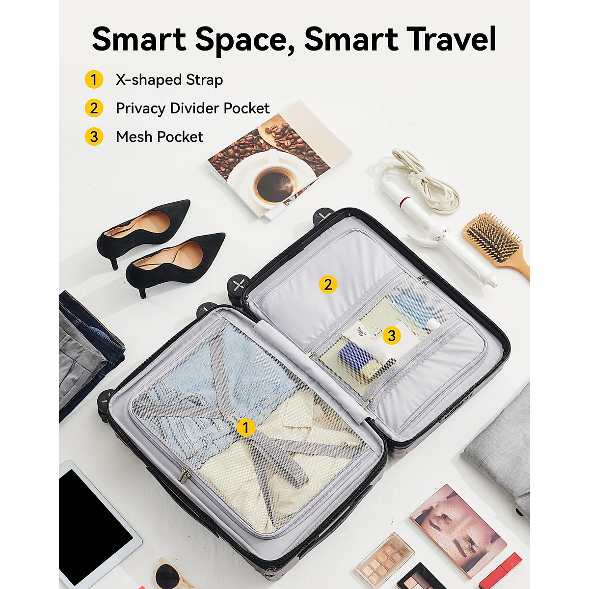 LUGGEX Luggage with Spinner Wheels, Polycarbonate Expandable Hard Shell Suitcase, Checked Large 27 Inch, Charcoal Metallic