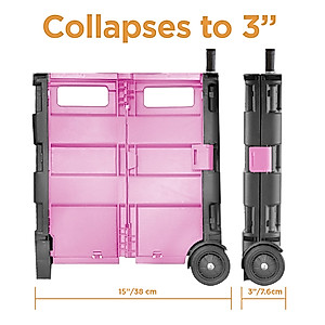 Inspired Living Ultra-Slim Rolling Collapsible Storage Pack-N-Roll Utility-carts, with Telescopic Handle, for Home, Garden, Shopping, Office, School use, Large, Pink & Black