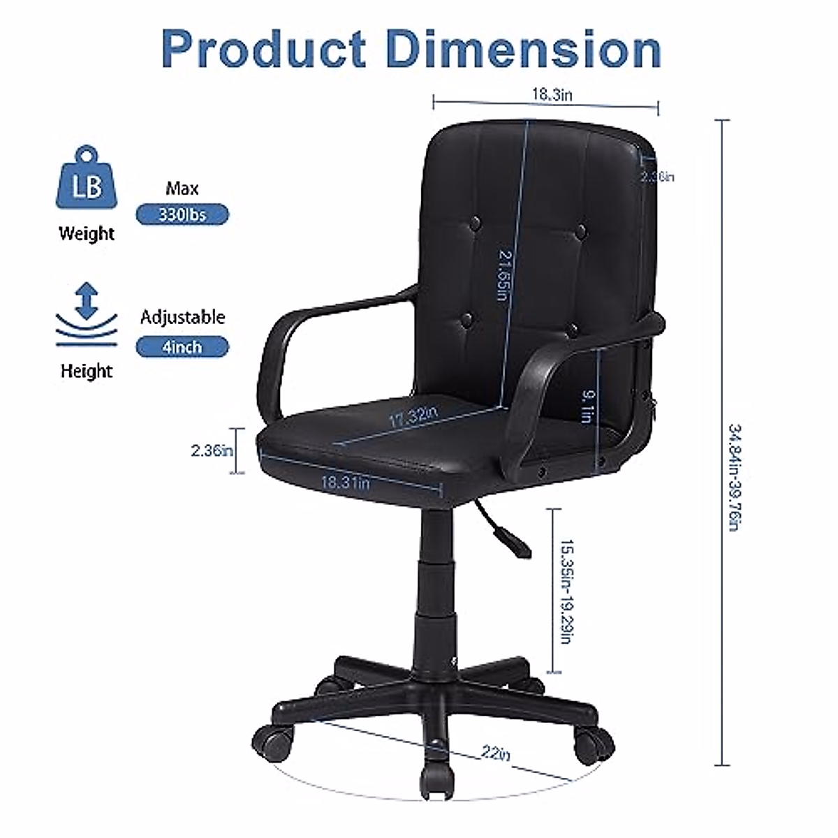 VECELO Home Office Desk Chair with Armrests,Mid Back Adjustable Height, 360-Degree Swivel, 330 Pound Capacity, Black, Set of 1