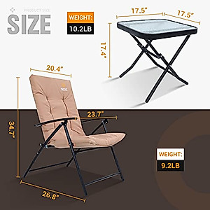 Nice C 3-Piece Patio Dining Set, Outdoor Table Set for 2, Garden Bistro Dining Furniture, 1 Folding Glass Table and 2 Folding Reclining Chairs with Cushion (Beige)