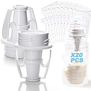 Juome 2Pcs Breastmilk Storage Bag Adapters Compatible with Spectra S1 S2/Medela Pumps Wide Mouth Flanges, Baby Bottle Converter for Medela Bottles/Other Narrow Neck Bottles, 20Pcs Milk Collection Bags