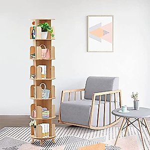 GNJINX Rotating Bookshelf, 6 Tier Solid Wood 360 Display Floor Standing Bookcase Storage Rack, Free Standing Wood Bookcases for Kids&Adults Multi-Functional Bookshelf Organizer(6 Tier)