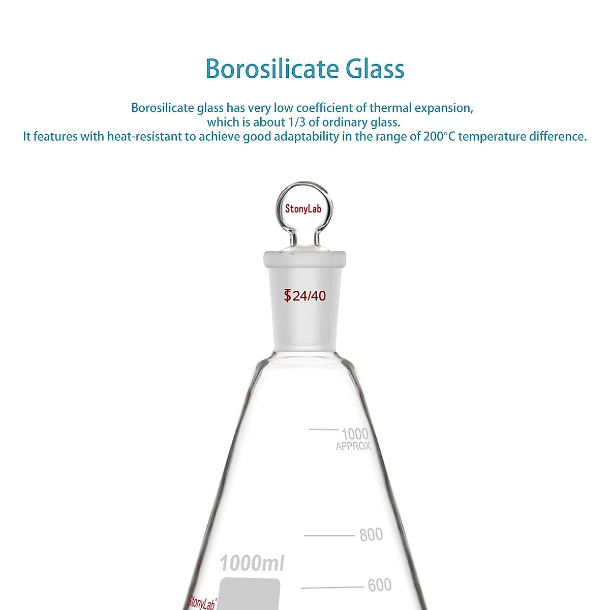 stonylab Glass 24/40 Erlenmeyer Flask with Stopper, 1000 ml Borosilicate Glass Heavy Wall Flask with 24/40 Standard Taper Outer Joint and Glass Stopper