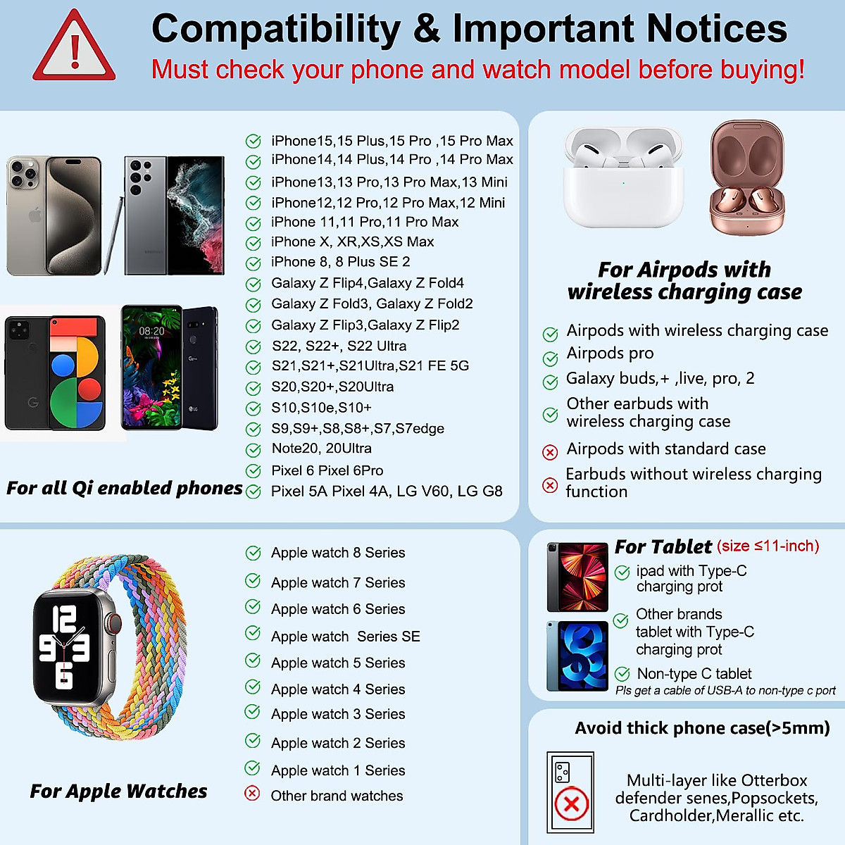 Wireless Charging Station, Wired Charger for iPad, 4 in 1 Charging Stand Multiple Devices for Apple - iPhone 15 14 Pro Max 13 12 11 - Watch 8 7 6 5 4 3 2 Se - Airpods 3 2 Pro