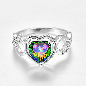 Emsione 925 Silver Plated Created Rainbow Topaz Heart Brilliant Cut Love Knot Eternity Anniversary Wedding Engagement Band Ring Size 7