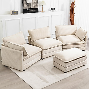 ROWHY Oversized Modular Sectional Sofa with Movable Ottoman, 112 Inch 4 Seat Modern Corduroy Sofa Set, Convertible L Shaped Couch for Living Room and Office, Beige