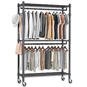Homdox Rolling Garment Rack with Double Rod, Heavy Duty Clothing Rack with Shelves, Portable Clothes Rack, Free Standing Wardrobe Rack, with Lockable Wheels & Hanging Hooks, Max Load 450 LBS, Black