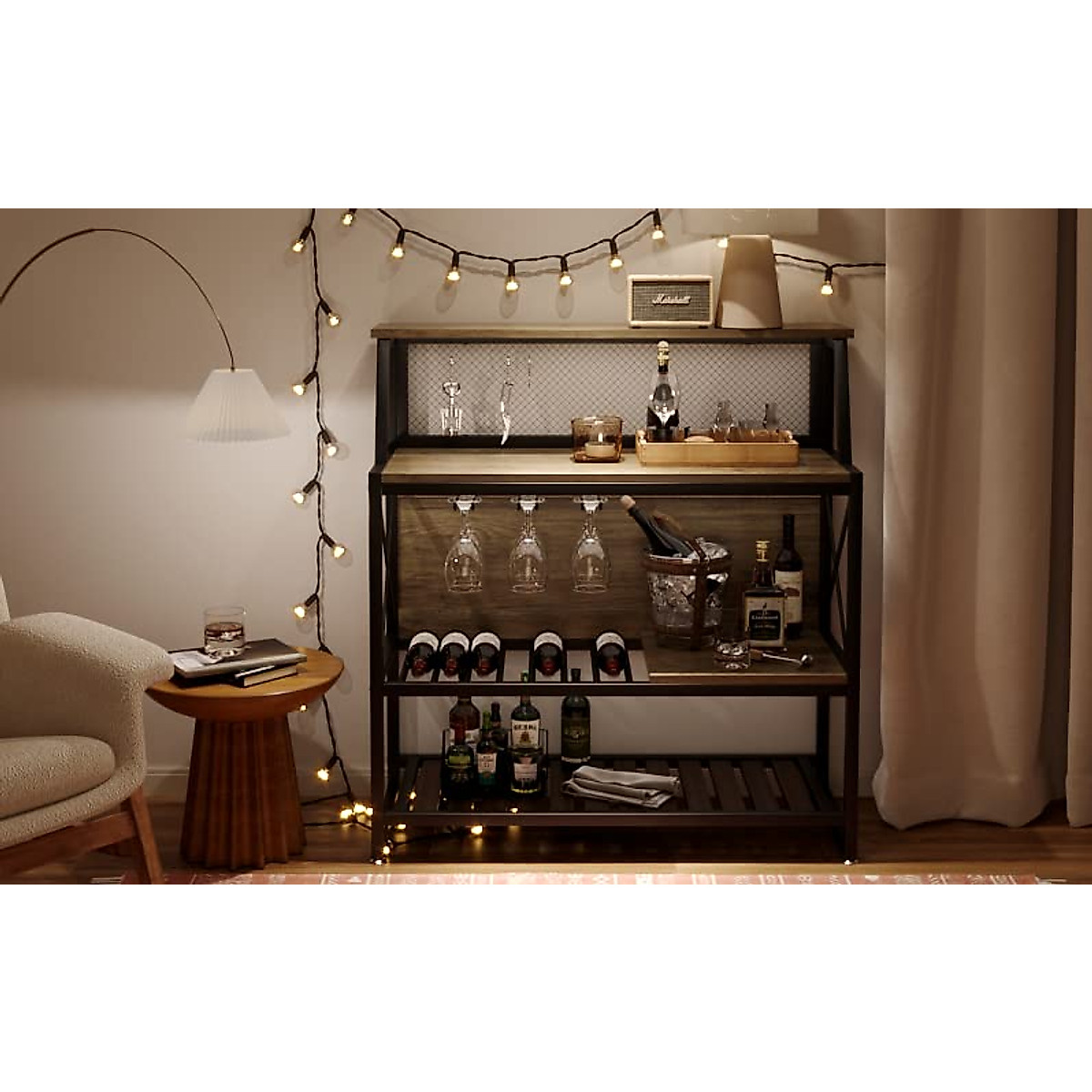 Bestier Bar Table with Storage Coffee Bar Cabinets for Liquor and Glasses, Wine Rack Freestanding Floor with Glass Holder for Home Kitchen Dining Room Basement, Gray