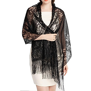 Ladiery Women's Floral Lace Scarf Shawl with Tassels, Soft Mesh Fringe Wraps for Wedding Evening Party Dresses