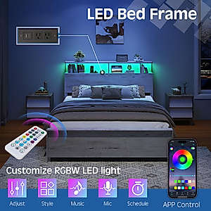 LUXOAK Queen Bed Frame with 49" Tall Bookcase Headboard, Metal Platform Bed with 4 Storage Drawers, LED Lights & Charging Station, No Box Spring Needed, Easy Assembly, Rustic White