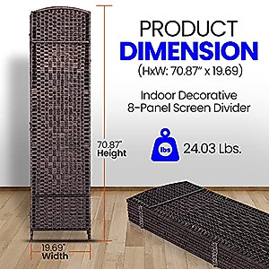 SereneLife Woven Fiber Screen Room Divider - Portable Freestanding Indoor Decorative 8-Panel Room Divider, Room Separator, Folding Privacy Screen, Dressing Area, Office - SereneLife SLRDX89
