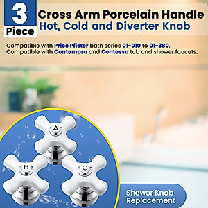 Enhon 3 Pcs Porcelain Handle Set, Compatible with Price Pfister Shower Valve, Hot Cold and Diverter Handle, Fits 12 Point Broach Stem, Chrome Finish White Porcelain(Cross Arm)