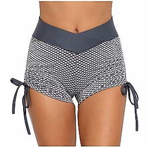 Bblulu Womens Butt Lifting Yoga Shorts with Side Drawstring High Waisted Hot Pants Gym Running Textured Tights Biker Shorts