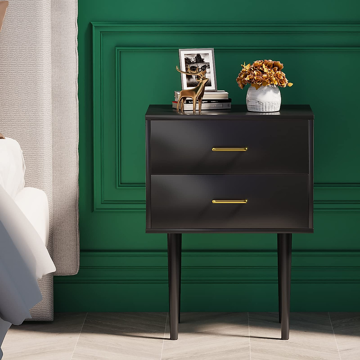 Black Nightstand with 2 Drawers, Modern Night Stand Black, Wooden Night Stands for Bedroom, Bed Side Table, End Table, Gold Handle 26 Inch Tall, Large Size