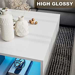IKIFLY Modern LED Coffee Table with A Drawer, White High Glossy Coffee Table with 16 Colors LED Lights for Living Room