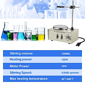 78-1 Magnetic Stirrer Hot Plate Magnetic Mixer 1000ml Lab Hot Plate with Magnetic Stirrer, 2400 RPM Magnetic Stir Plate with 4 Stir Bars and Support Stand, Max 158°F Hotplate Magnetic Stir