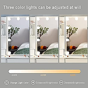 Vanity Desk with Lights and Mirror, Vanity Table with 6 Drawers and Stool, 3 Light Color Modes, Modern Makeup Vanity with Hidden and Open Storage Shelves, White