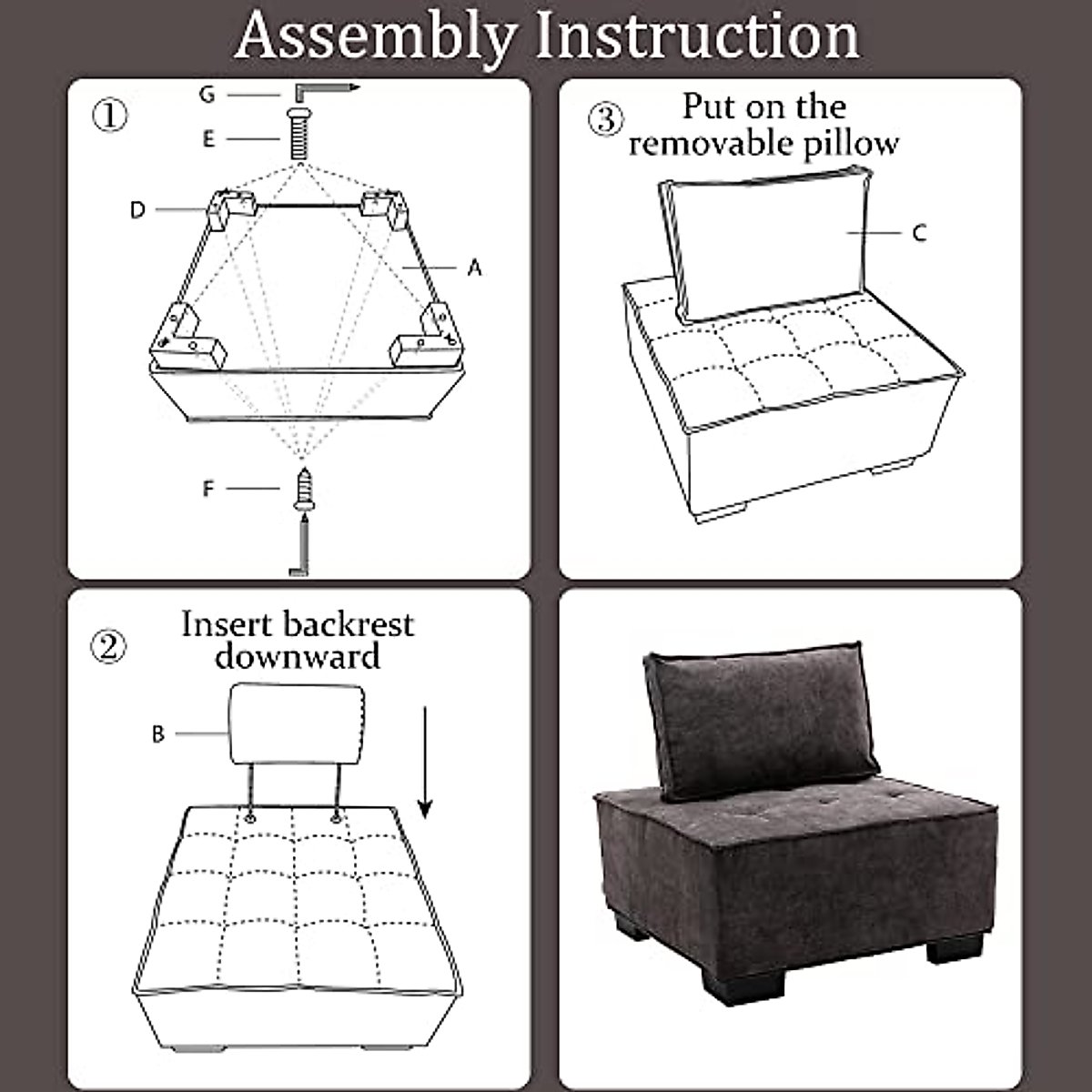 Tmosi Modular Square Armless Single Sofa Couch Chair,Modular Sectional Sofa with Sturdy Backrest and Removable Pillows,Armless Lazy Chair for Bedroom (Polyester,Black)