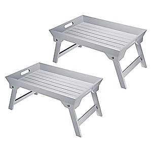 PATIKIL 48x32x24cm Breakfast Tray Table, 2 Pack Bed Trays with Folding Legs Portable Wooden Serving Platter Laptop Snack Desk for Eating, Grey