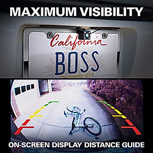 BOSS Audio Systems LPCB40 Rearview Car Backup Camera - License Plate Mount, High Resolution, Color, 170° Wide Angle View, Weatherproof, Wide Angle View, Low Light Friendly, Distance Guide View