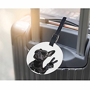 TKS MITLAN 1 Pcs Luggage Tag French Bulldog Privacy Cover ID Label Address Card for Travel Bag Suitcase Cool Trendy Posing with Sunglasses Victory Fingers Leather Luggage Tag Travel(Round)