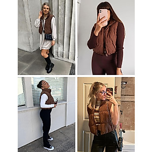 UANEO Womens Cropped Puffer Vest Zip Up Stand Collar Sleeveless Padded Cropped Vest (Brown-M)