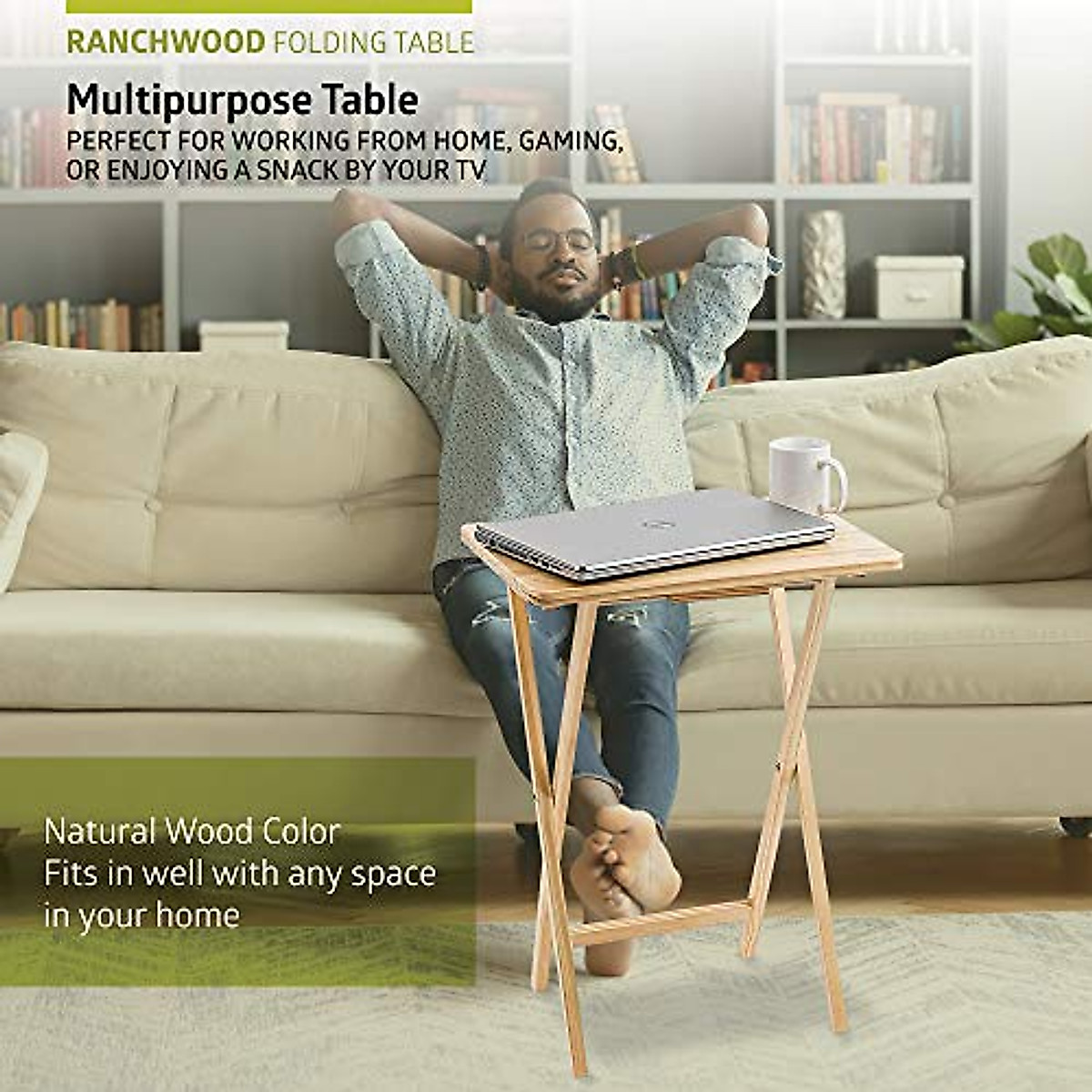 Pearington Ranchwood Folding TV Tray Table for Dining, Laptop Computer Stand, Gaming, Desk, 4-Pack, Natural Wood Finish