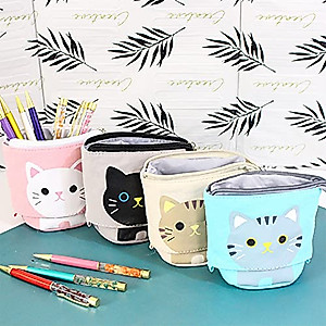 Rolin Roly Blue Telescopic Pencil Pouch Standing Pencil Case Cute Cat Stationery Bags Stand Up Pen Box Canvas Cartoon Pencil Holder with Zipper Transformer Pen Case