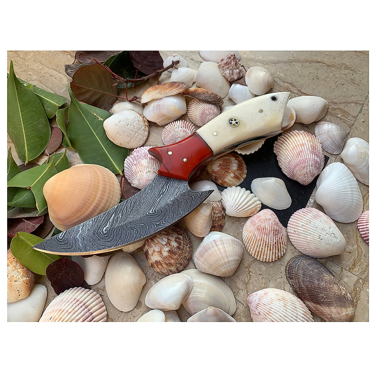 NUSHBA 017 Handmade Fixed Blade Hunting Skinner Knife, Damascus Steel Blade, Camal Bone Handle -Best Hunting Knife with Cow Brown Leather Sheath