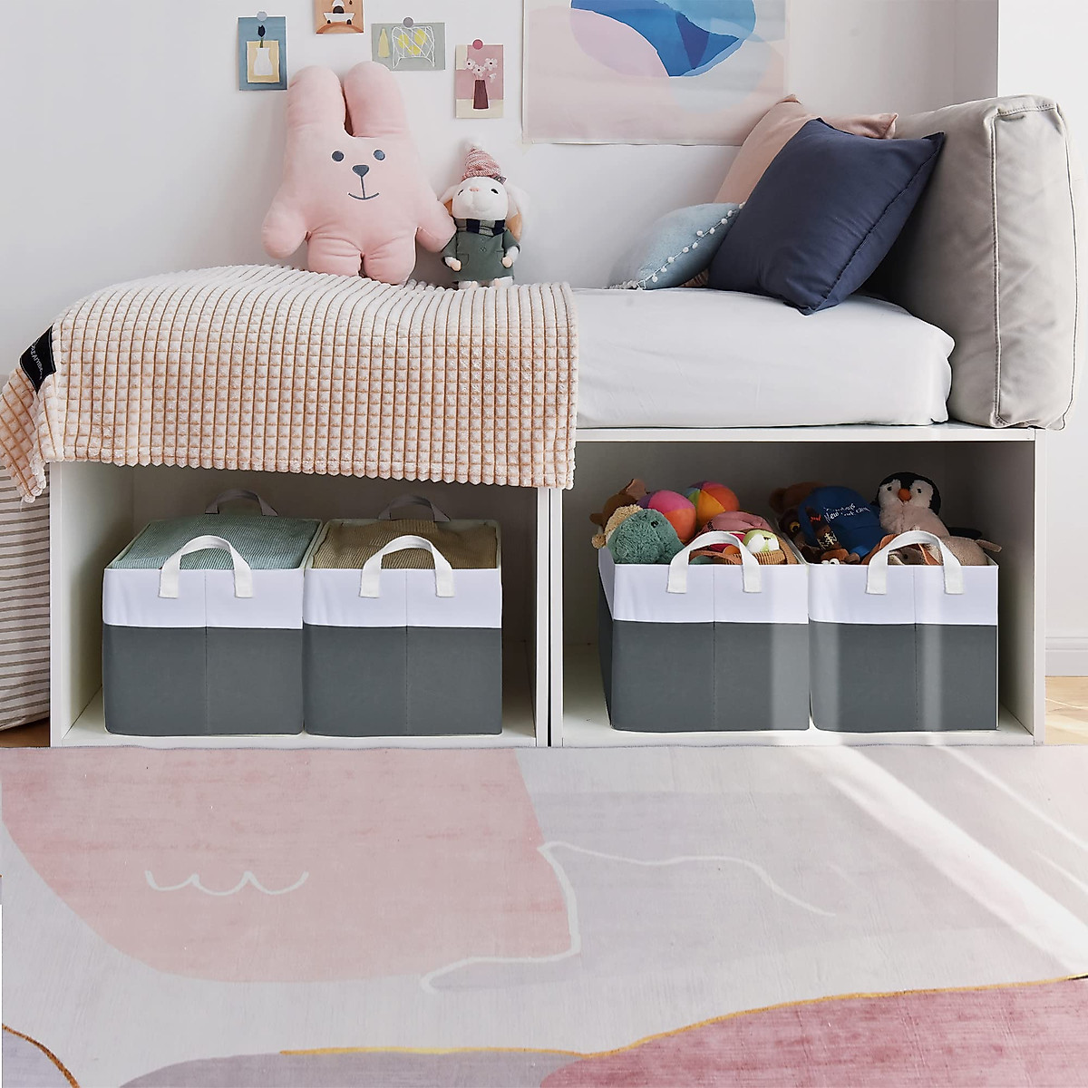 GRANNY SAYS Storage Bins for Shelves, Linen Closet Organizers and Storage Baskets Extra Large, Shelf Baskets with Metal Frame, Storage Boxes for Bedroom Wardrobe, White/Gray, 2-Pack