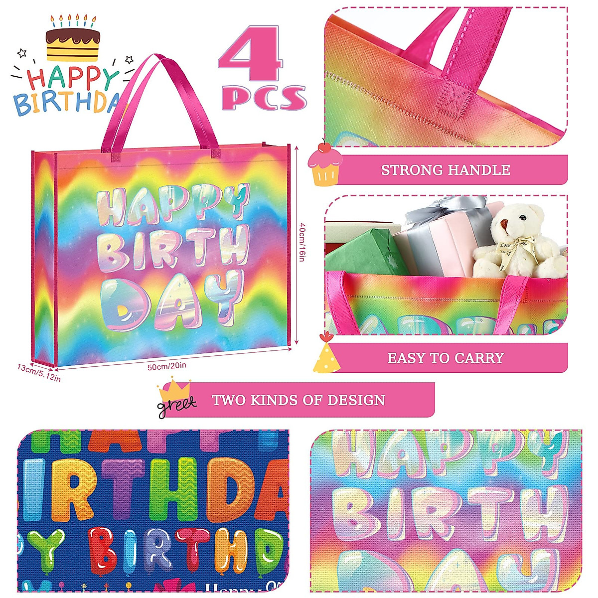 Kajaia Gift Bags, 4 Pcs Extra Large Birthday Party Favor Supplies, Non Woven Fabric, Reusable, Colorful Designs, 16 x 20 Inch, for Baby Shower, Kids, Events