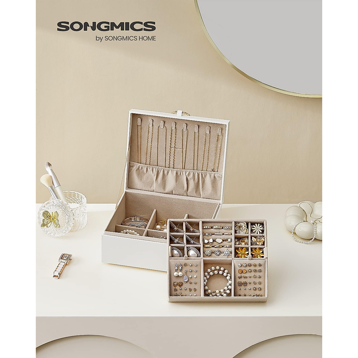SONGMICS 2-Layer Jewelry Box, Jewelry Organizer with Handle, Removable Jewelry Tray, Jewelry Storage, Floating Effect, 8.1 x 9.4 x 4.3 Inches, Gift Idea, White UJBC165W01