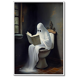 Wodkodnxy Vintage Cute Ghost on Toliet Reading Books Canvas Wall, Art Funny Gothic Aesthetic Posters, Horror Halloween Pictures, Spooky Dark Academia Wall Decor for Washroom bathroom 12x16in Unframed