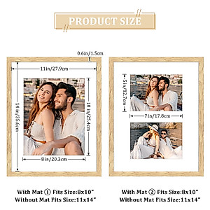 11x14 Picture Frame Set of 2, Natural Wood Photo Frame Display Pictures 8x10 with Mat or Two 5x7 with Mat & 11x14 Without Mat with Plexiglass for High Definition Wall Mounting Horizontal or Vertical