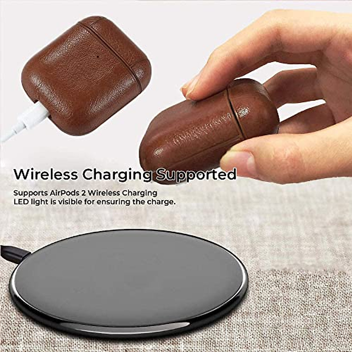 Victory Furrier AirPods Case Cover for AirPod Premium Leather with Keychain Shockproof Protecting & Supports Wireless Charging, (Dark Brown)