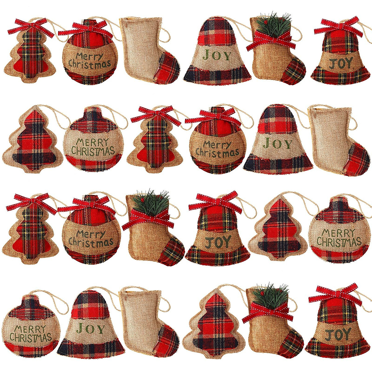 24 Pcs Burlap Christmas Ornaments 2022 Set Mini Stockings Funny Christmas Tree Ornaments Rustic Christmas Decorations Red Plaid Tartan Hanging Decoration Stocking Ball Tree Bell, 8 Styles (Rustic)