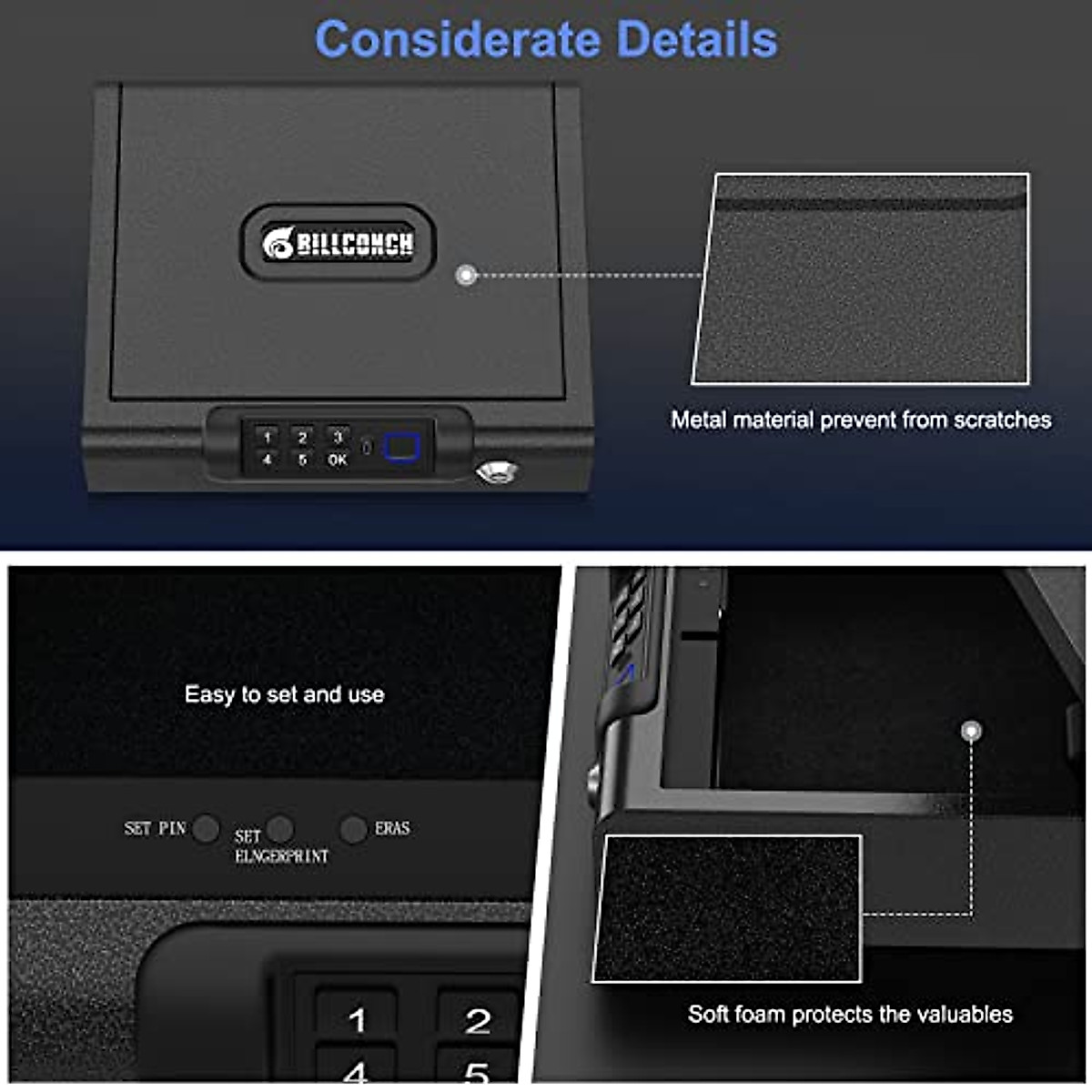BILLCONCH Gun Safe,Biometric Gun Safe for Handgun 3-Ways unlock Safe | Fingerprint | Digital PIN | Key Unlock with Voice Guide Pistol Safe for Cloakroom living room Bedroom Nightstand and Car