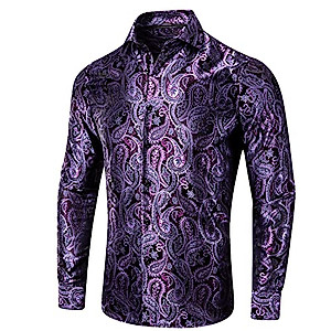 Hi-Tie 3XL Mens Dress Shirts Silk Mardi Gras Dress Shirt for Men Long Sleeve Casual Button Down Wrinkle-Free Shirt