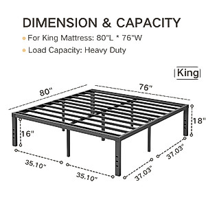 COMASACH 18 Inch Tall Metal Platform King Size Bed Frames with Maximum Storage, Anti-Slip Strengthen Support Mattress Foundation, Noise Free