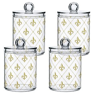 susiyo 4 Pack Golden Fleur De Lis Plastic Apothecary Jar Containers Qtip Holder Dispenser Bathroom Vanity Storage Organizer Canister for Cotton Balls, Swabs, Makeup Sponges, Bath Salts, Hair Clips