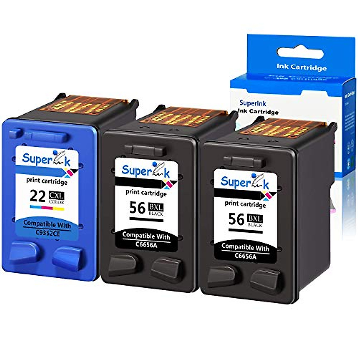 SuperInk 3 Pack Remanufactured Ink Cartridge Compatible for HP C6656AN C9352CE 56 22 22XL (2 Black,1 Tri-Color) Replacement Officejet 5605 5607 5608 5609 5610 5615 5679 5680 All-in-One Printer