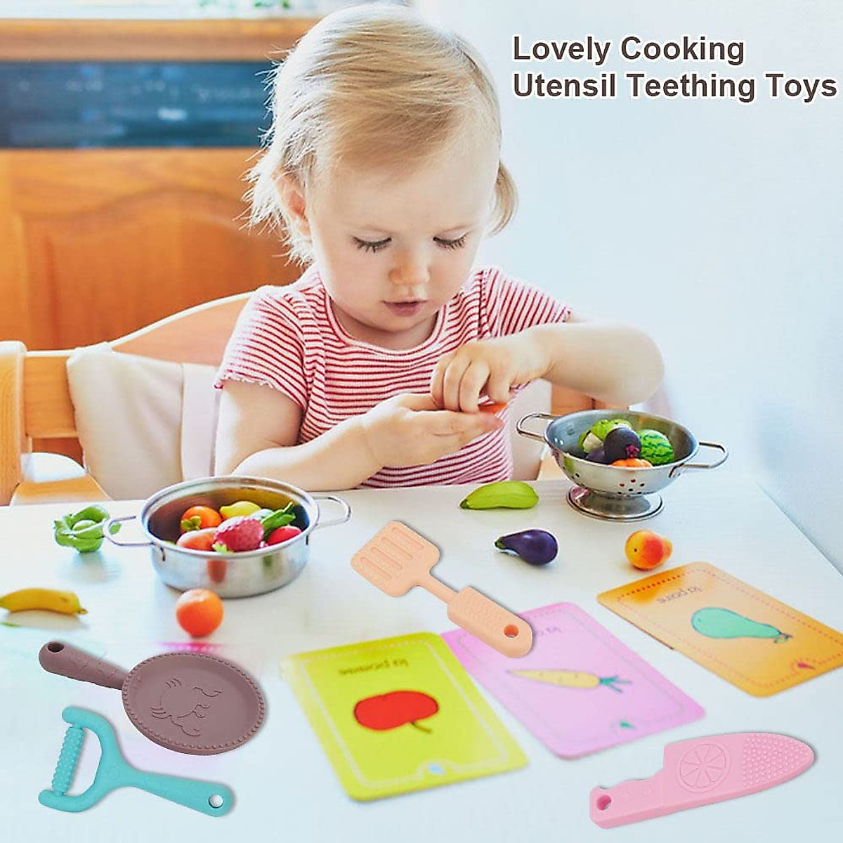 Sactulaz 0-BPA silicone culinary kitchen utensil baby teething toys,Chef cooking role playing games training for baby girls boys,Molar chewing freezer teether toys for 6-12 Months infants,kids,4 Pack