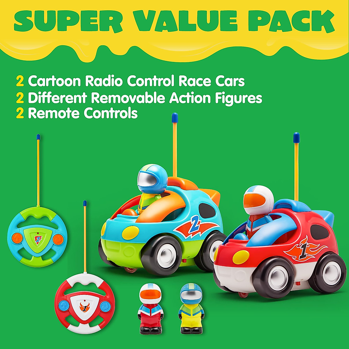 JOYIN 2 Pack Cartoon Remote Control Car, RC Cars with Music & Sound, Treasure Box and Prize for Classroom, Toy for Baby, Toddler, Easter Basket Stuffers and Christmas Birthday Gift for Kids