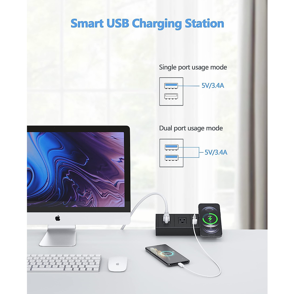 Desk Clamp Power Strip with Wireless Charger,Desk Mounted Power Strip with USB,900 Joules Surge Protector Desk Edge Power Strip,Desk Power Station with 2 Outlet and 2 USB Ports,6ft Cable