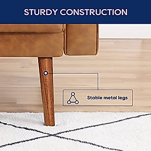 Vonanda Faux Leather Sofa Couch, Mid-Century 73 Inch 3 Seater Leather Couch with Hand-Stitched Comfort Cushion and Bolster Pillows for Living Room,Elegant Cognac Tan